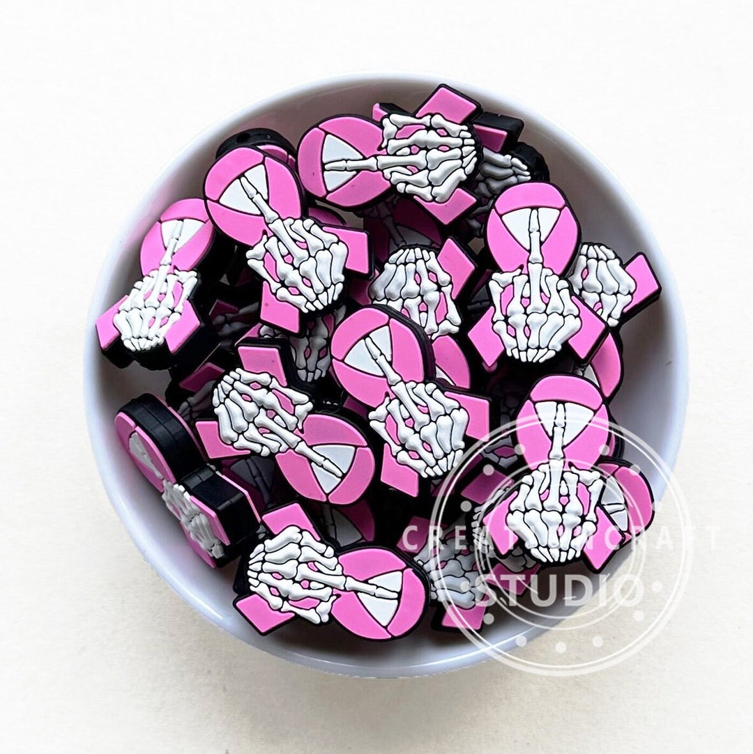 Bulk Beads, Skeleton Breast Cancer Awareness Pink Ribbon Focal Silicone ...