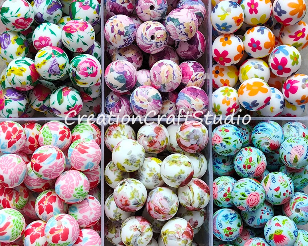 15mm Flower Printed Silicone Beads, Wholesale Beads, Round Silicone ...