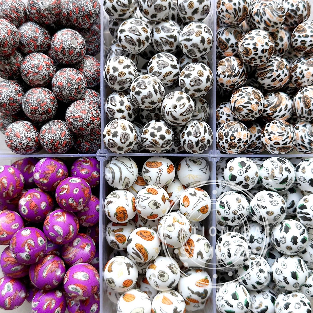 Halloween Beads, Pumpkin Ghost Beads, 15mm Spooky Beads, Print Silicone ...