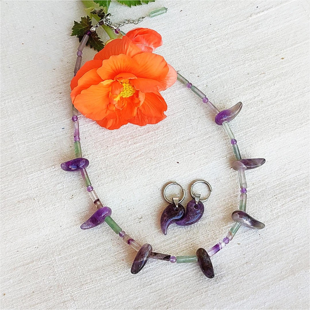 Amethyst Magatama Choker and Earrings With Fluorite Beads. Gemstone ...