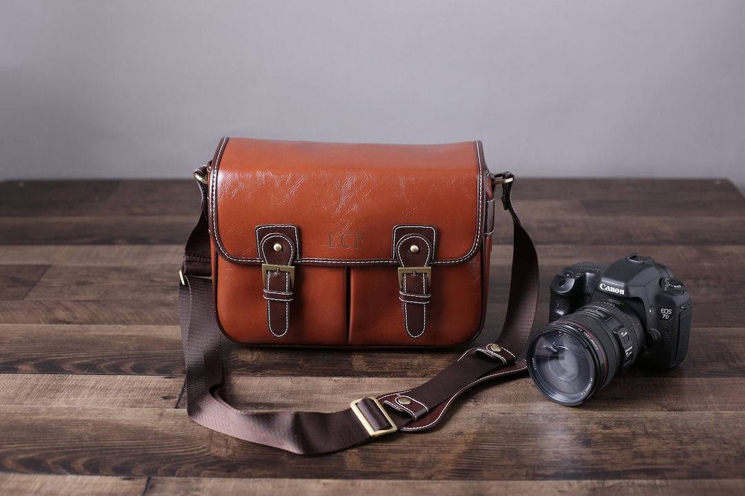 Personalized PU Leather DSLR Camera Bag: Medium Lens Case, Photographer ...