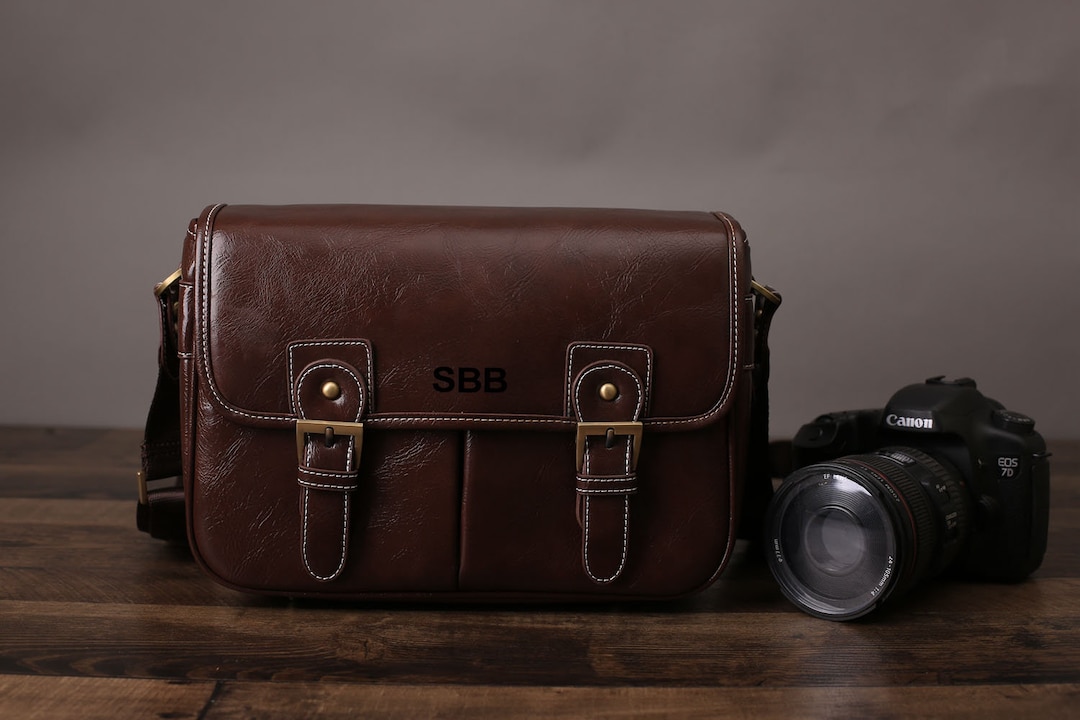 Personalized Large Leather DSLR Camera Bag Fits 2-3 Lens, Messenger ...