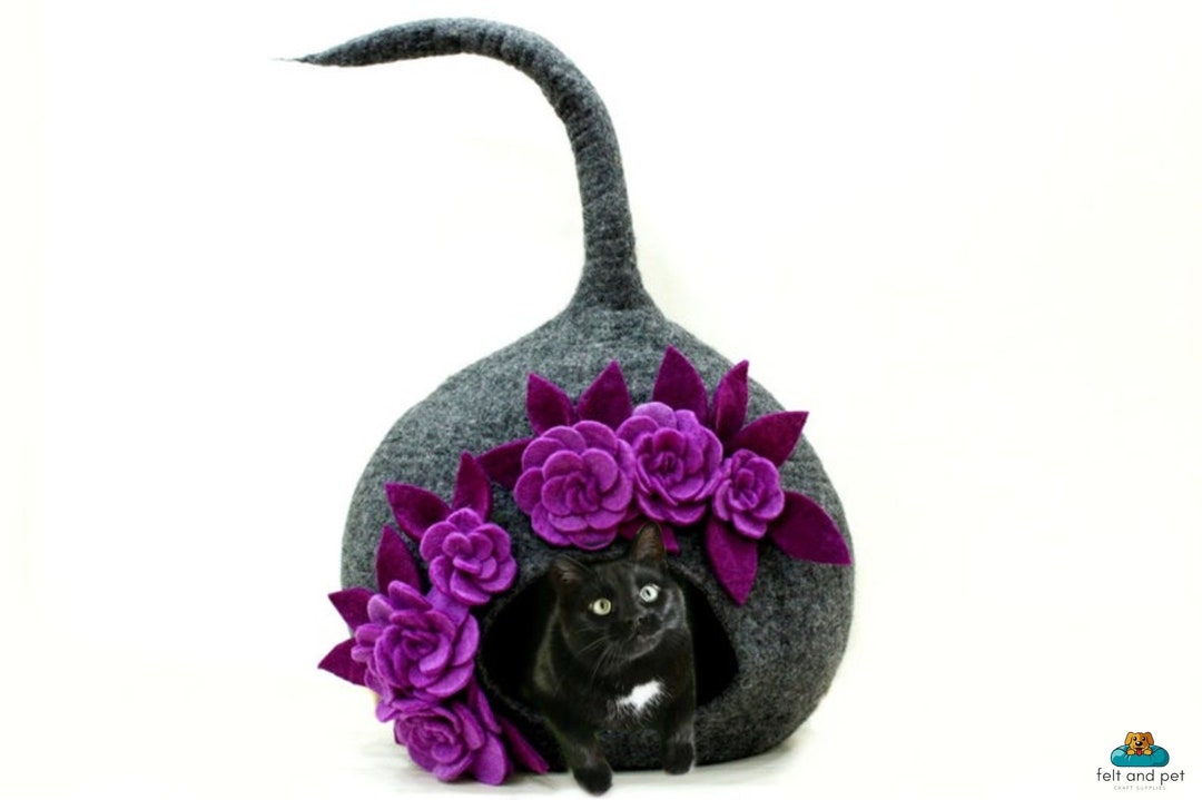 Felted Handmade Pod Dark Grey Felt Cat Cave - Cozy Flower Pet Bed ...