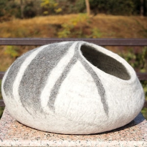 Hand-felted Wool Cat Cave – Grey and White Striped Cocoon Bed - Etsy