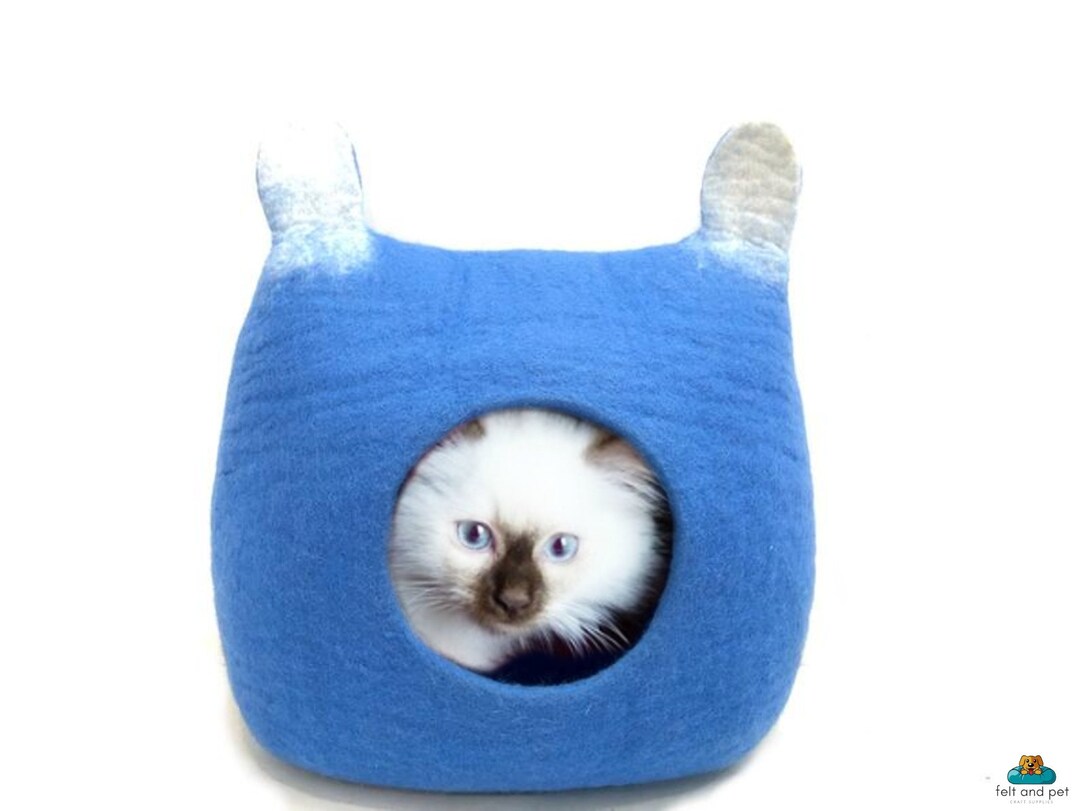 Blue Square Felt Cat Cave With Ear - Cozy Bed for Pet - Handmade Pet ...