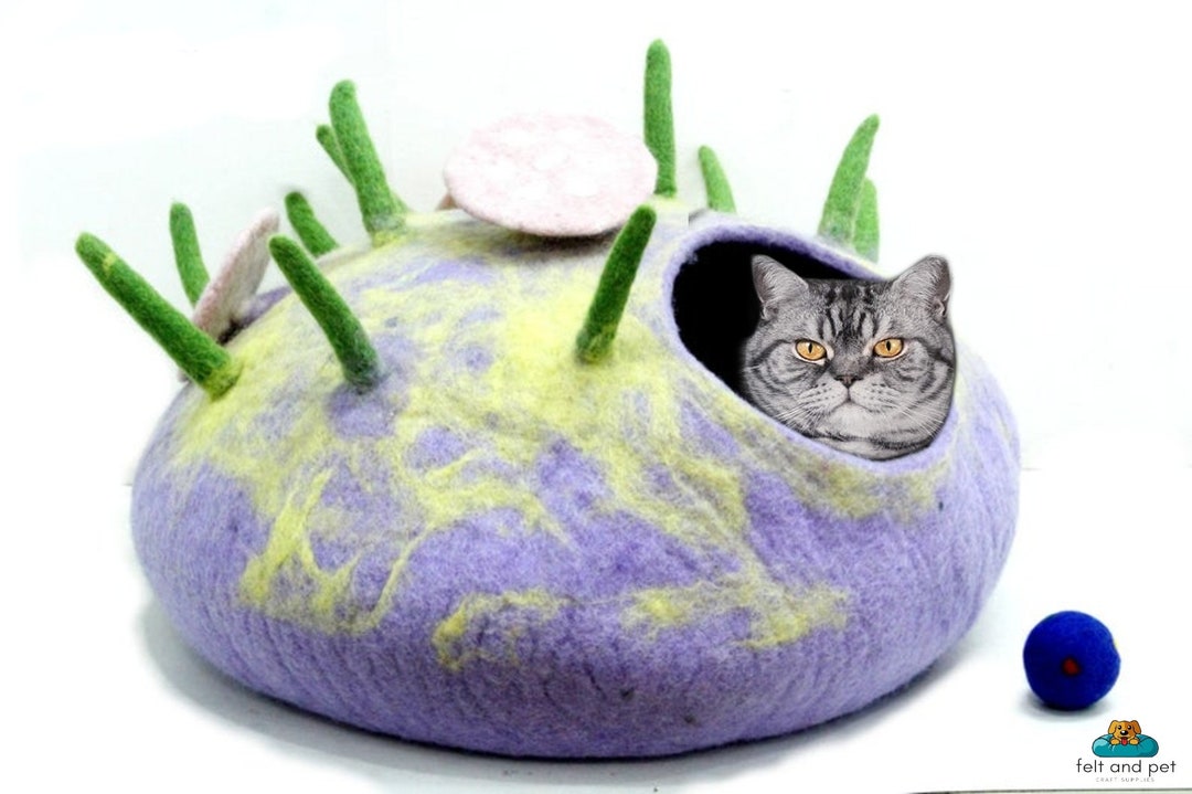 Purple Fairy Toadstool Wool Cat Cave - Handmade Wool Felted Kitty House ...