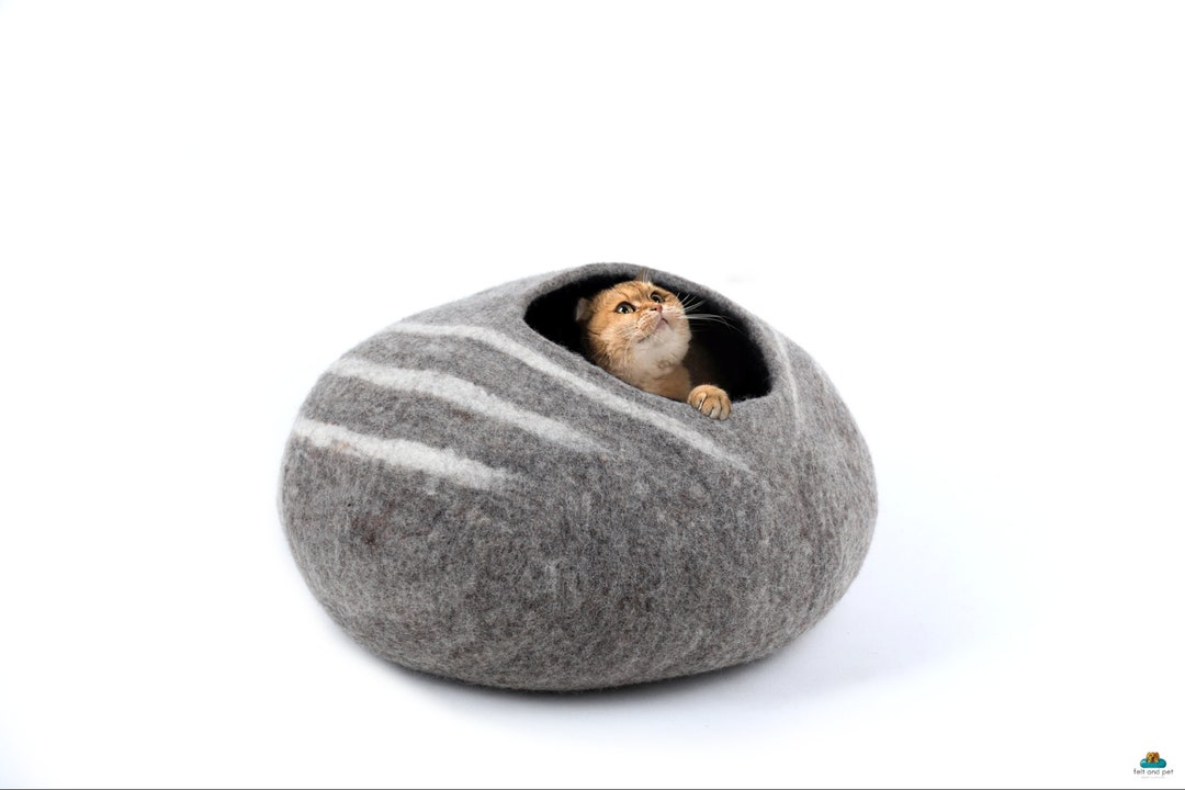 Felt Cat Cave -felt Grey With White Stripe Cat Bed - Kitty Bed - Felted ...