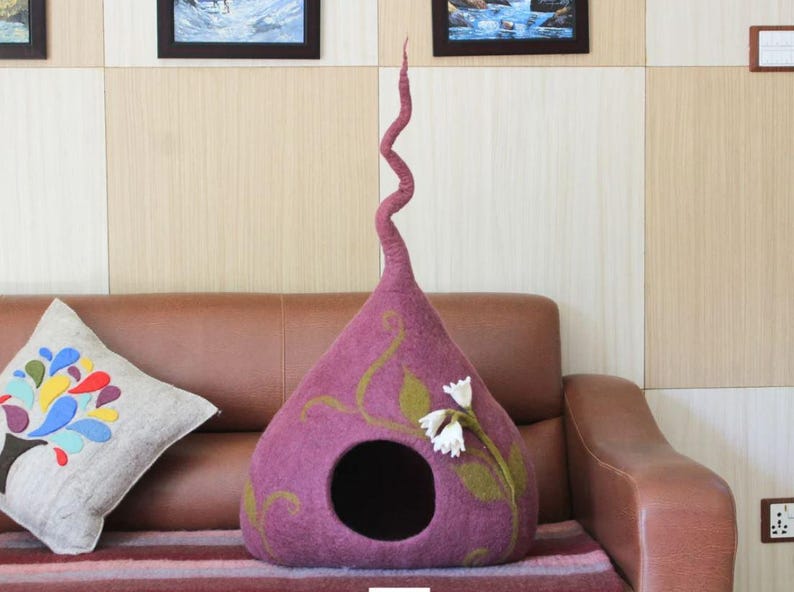 Handmade Colorful Dot Tail Cat Cave – Wool Felt Pet House, Cozy Hideout ...