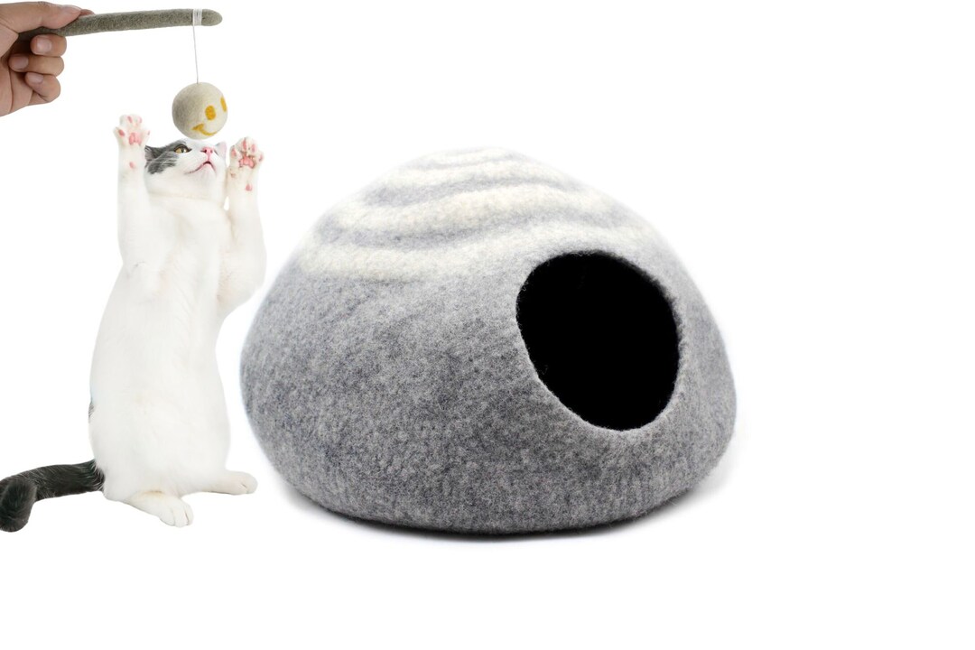 Gray Cat Cave With White Spiral Stripes 100% Pure Wool Cat Cave Igloo ...