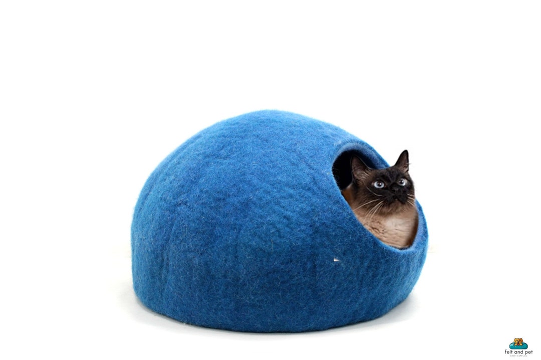 Felt Blue Cat Cave Handmade Cat Cave Round Wool Cat Cave Premium Wool ...