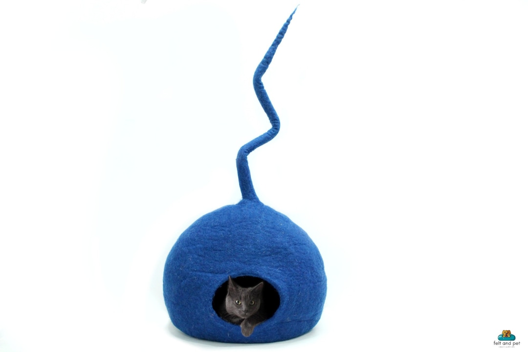 Felted Cat House Blue Cat Cave Felt Cat Cave Handmade Felt Cat Cave ...