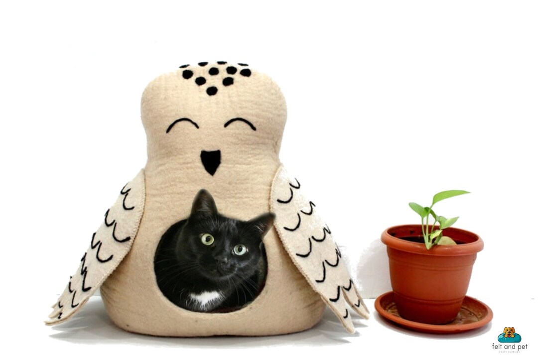 Wool Felted Cat Bed – Beige Owl Design, Pet Cave - Etsy