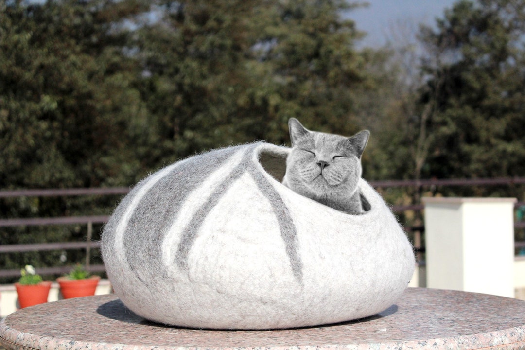 Hand-felted Wool Cat Cave – Grey and White Striped Cocoon Bed - Etsy
