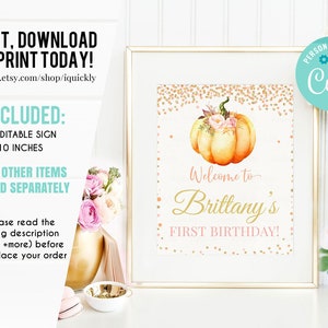 EDITABLE Pumpkin Birthday Party Welcome Sign, Little Pumpkin Printable ...