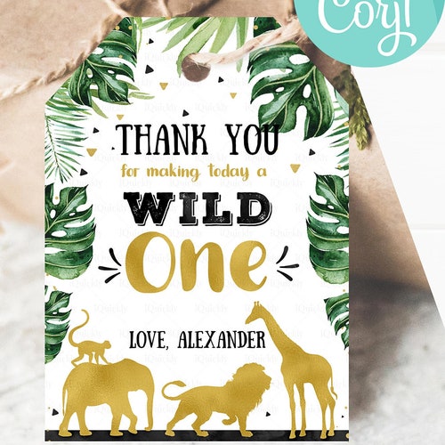 Wild One Favor Tags Editable Jungle Gold Thank You Tags - Etsy