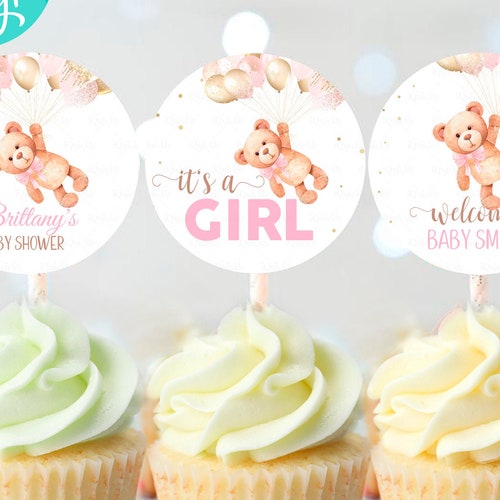 Teddy Bear Cupcake Toppers Baby Shower Girl Bearly Wait - Etsy