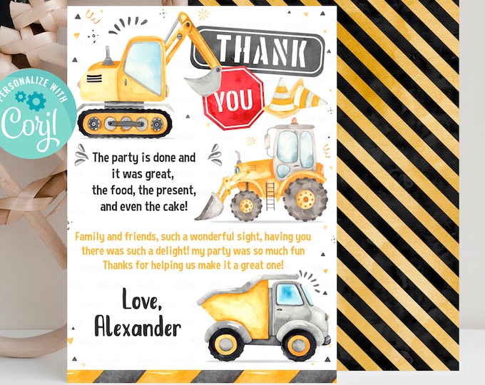 Editable Construction Thank You Card Construction Birthday - Etsy