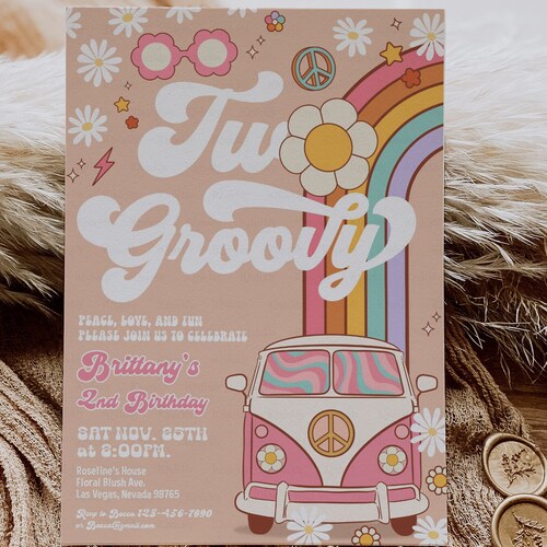 Editable Two Groovy Invite Groovy 2nd Birthday Invite Pink - Etsy