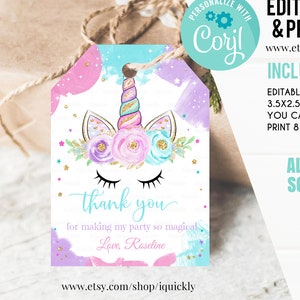 EDITABLE Unicorn Favor Tags, Thank You Tags, Gift Tags, Unicorn Party ...