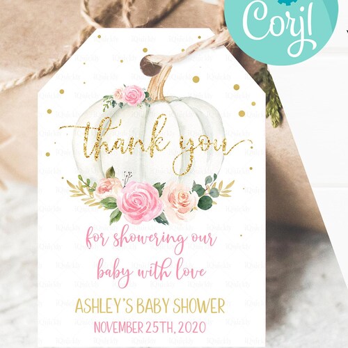Editable Pumpkin Baby Shower Favor Tags Pink and Gold Little - Etsy