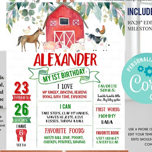Farm Milestone Birthday Poster EDITABLE First Birthday - Etsy