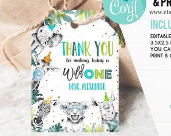 Editable Party Animals Favor Tags Boy Wild One Safari Animals Thank You ...
