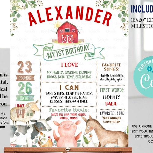 Farm Girl First Birthday Milestone Poster Chalkboard EDITABLE - Etsy
