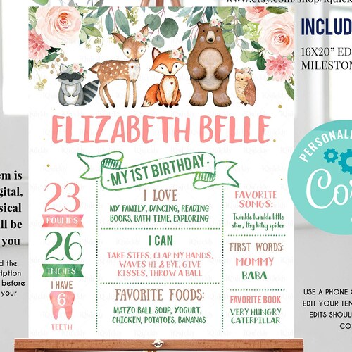 Editable Boho Woodland Birthday Milestone Sign Template - Etsy