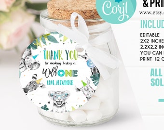 Editable Party Animals Favor Tags Boy Wild One Safari Animals Thank You ...