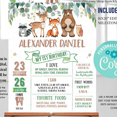 Woodland Milestone Birthday Poster EDITABLE First Birthday - Etsy