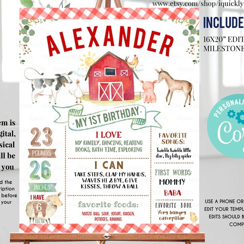 EDITABLE Farm Birthday Milestone Poster Farm Animals Birthday - Etsy