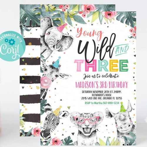 Editable Young Wild and Three Invitation Safari Animals Party - Etsy
