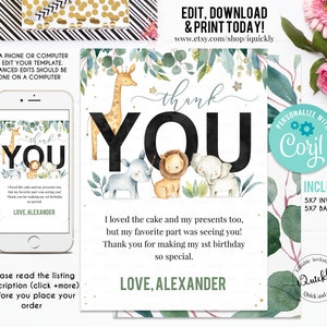 EDITABLE Safari Thank You Card, Jungle First Birthday Note Card, Wild ...