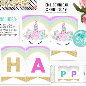 EDITABLE Unicorn Banner, Happy Birthday Banner, Printable 1st Birthday ...