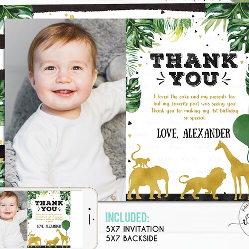 Editable Safari Animals Thank You Card Gold Jungle Animals - Etsy