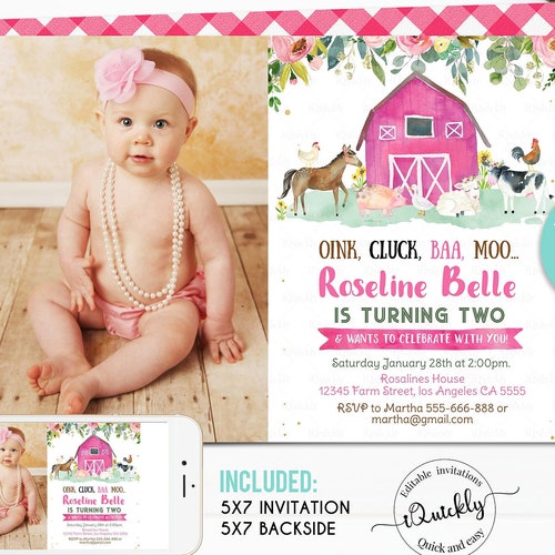 Editable Farm Birthday Invitation Girl Barn Party Digital | Etsy