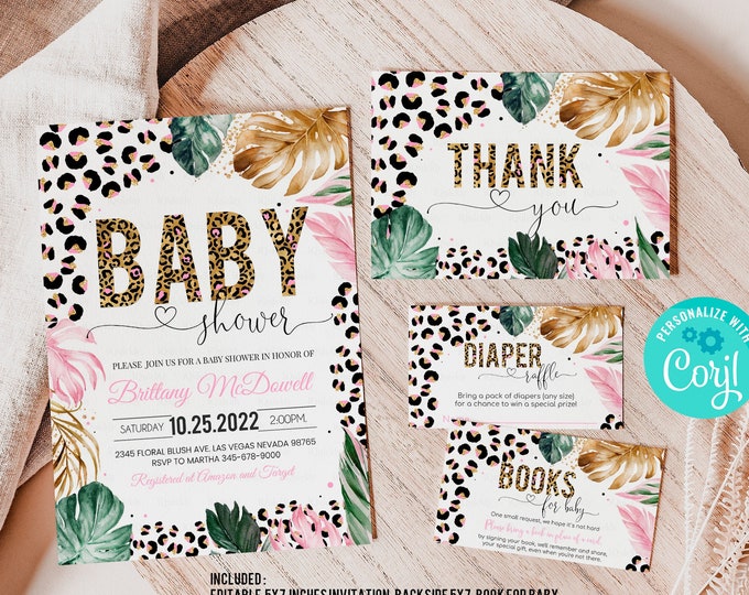 EDITABLE Leopard Print Baby Shower Invitations Set Girl - Etsy