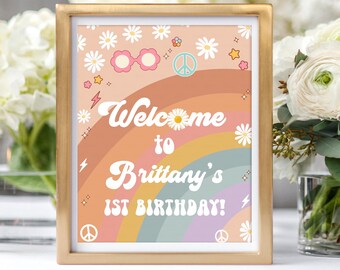 Editable Groovy Welcome Sign Daisy Party Sign Welcome Hippie Retro ...