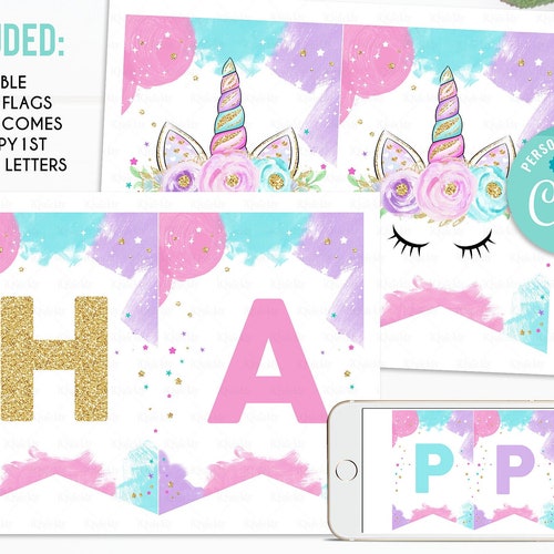 EDITABLE Unicorn Banner Happy Birthday Banner Printable 1st - Etsy