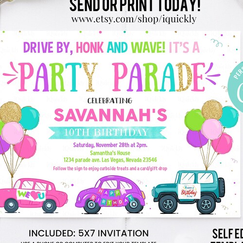 Editable Drive by Birthday Parade Invitation Drive Through - Etsy