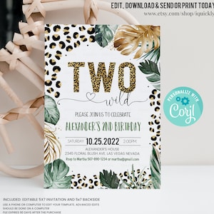 Editable Two Wild Leopard Print Jungle Birthday Party Invitation ...