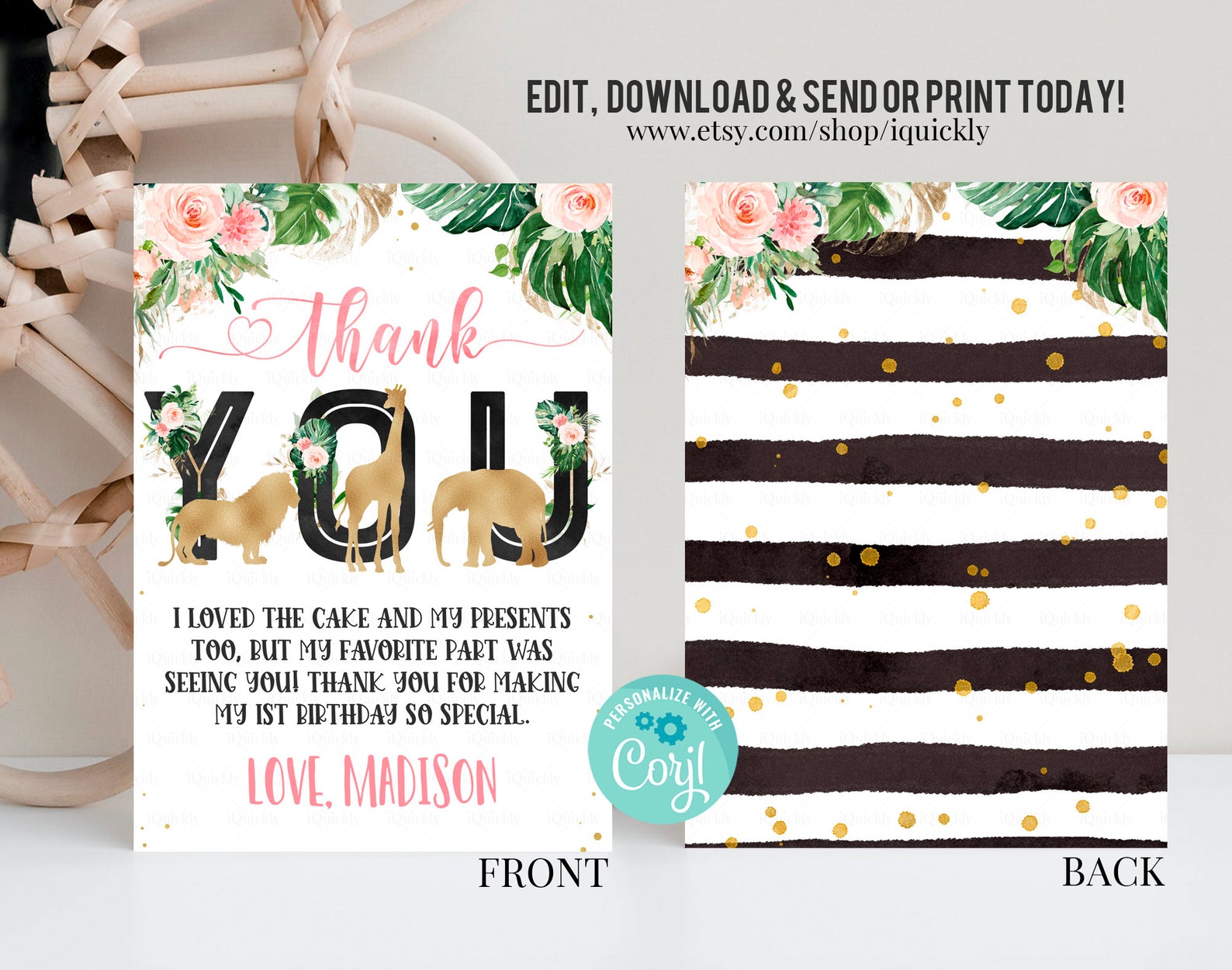 EDITABLE Safari Thank You Card Gold Jungle Birthday Thank You | Etsy