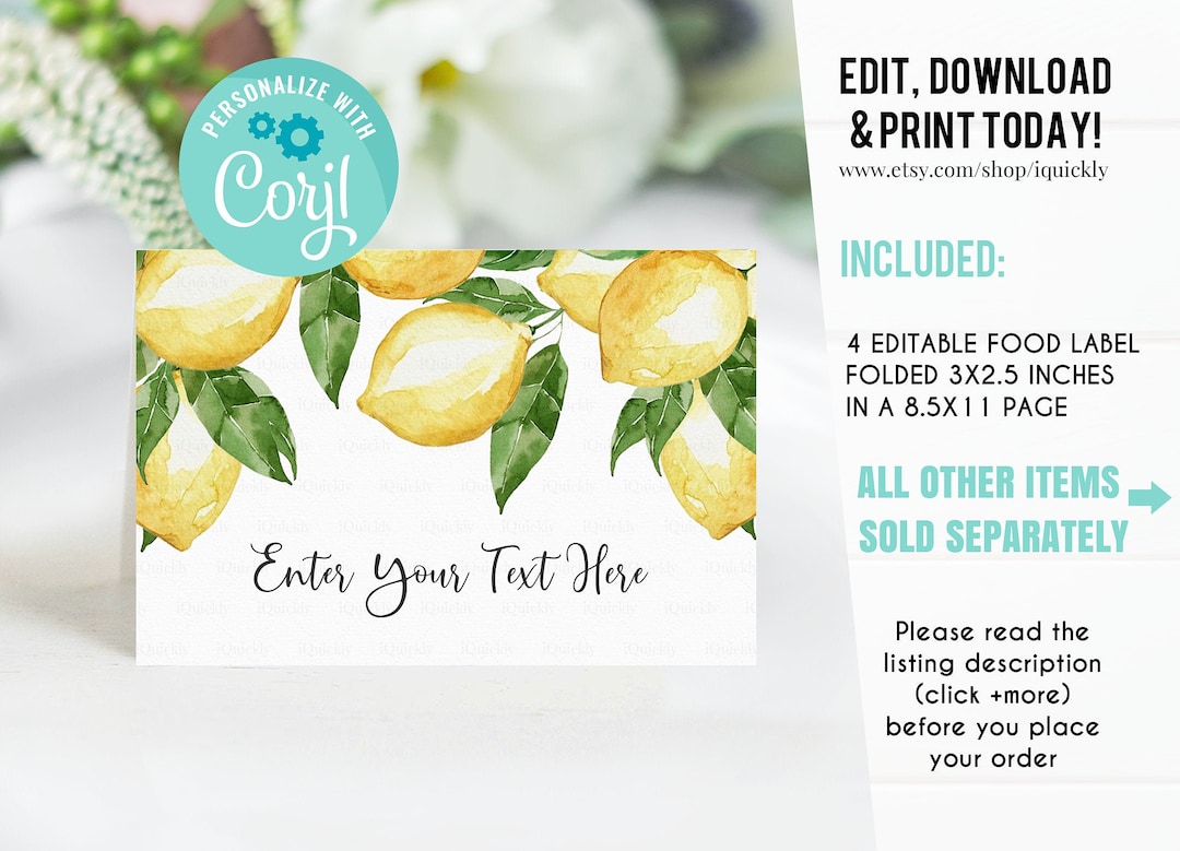 EDITABLE Lemon Food Tags, Lemonade Buffet Label, Citrus Tent Card Food ...
