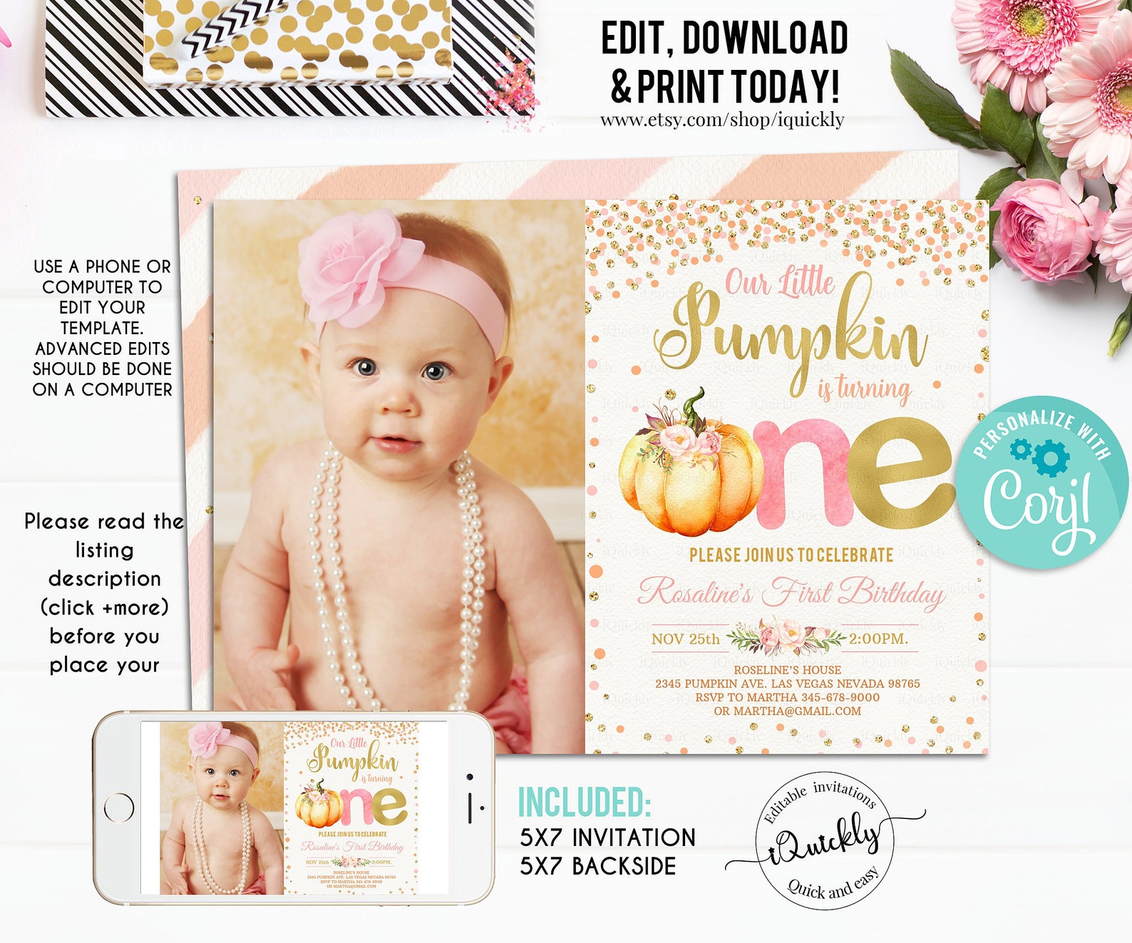Editable Pumpkin First Birthday Invitation Little Pumpkin - Etsy
