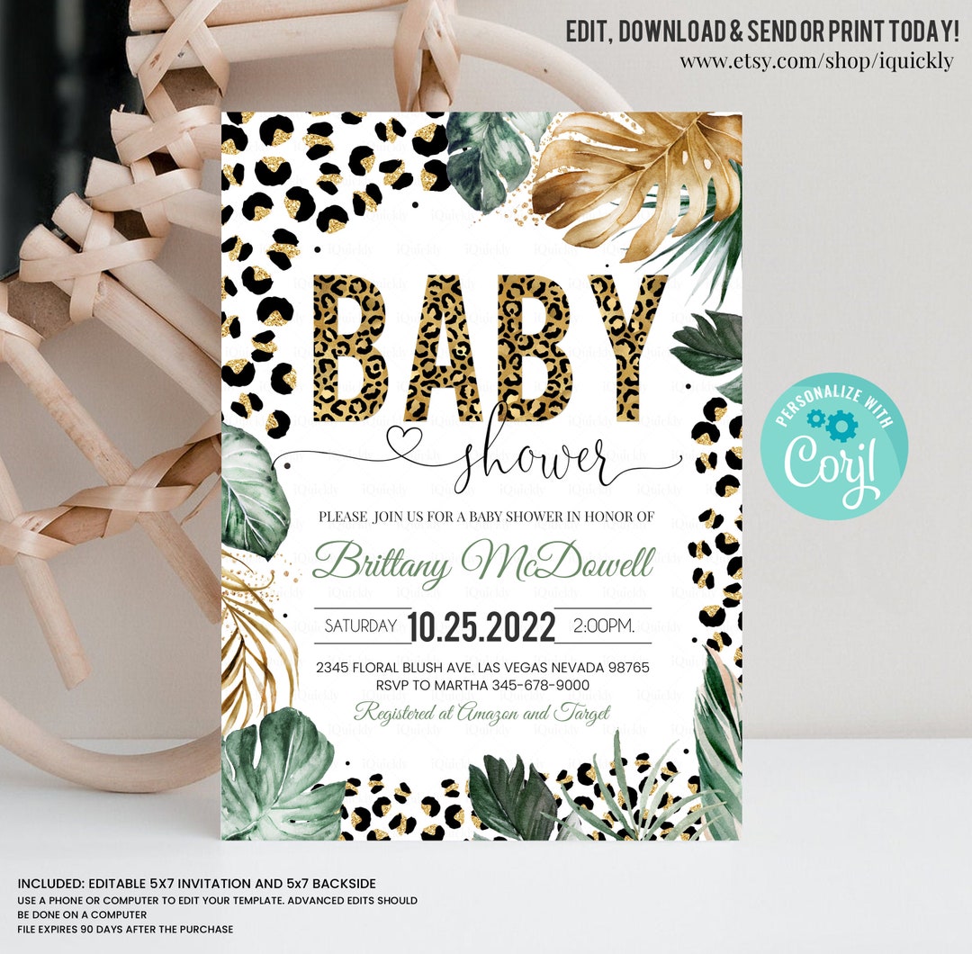 Editable Leopard Print Baby Shower Invitation, Leopard Baby Shower ...