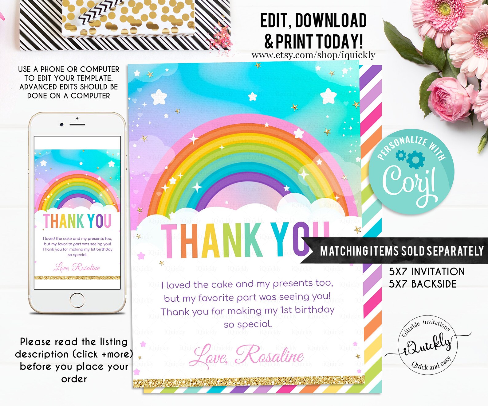 EDITABLE Rainbow Banner Girl Happy Birthday Banner Printable | Etsy
