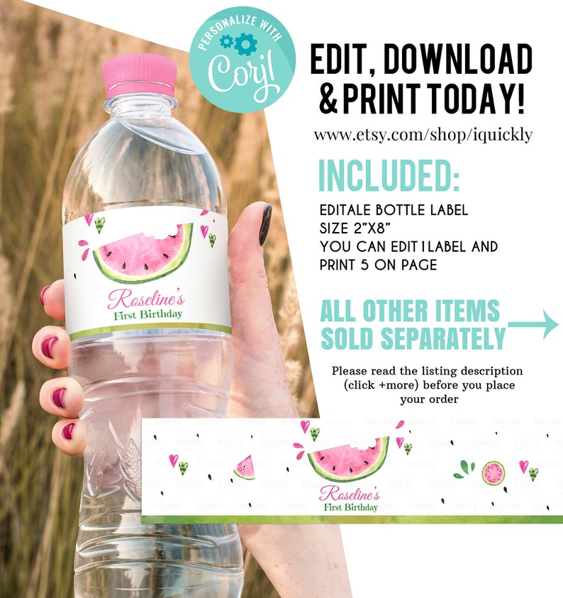EDITABLE Watermelon Bottle Label Pink One in a Melon Water | Etsy