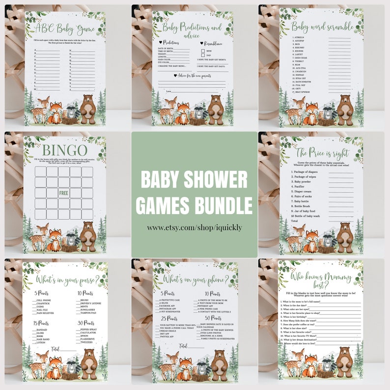 Woodland Baby Shower Games, Gender Neutral Baby Shower Game Bundle ...