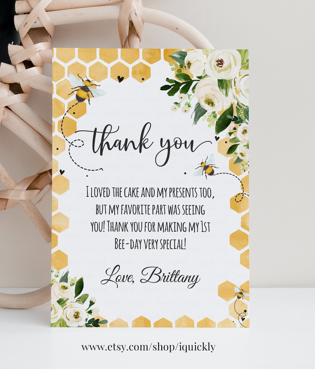Editable Bee Birthday Thank You Card Honey Bee Note Card so Sweet to ...