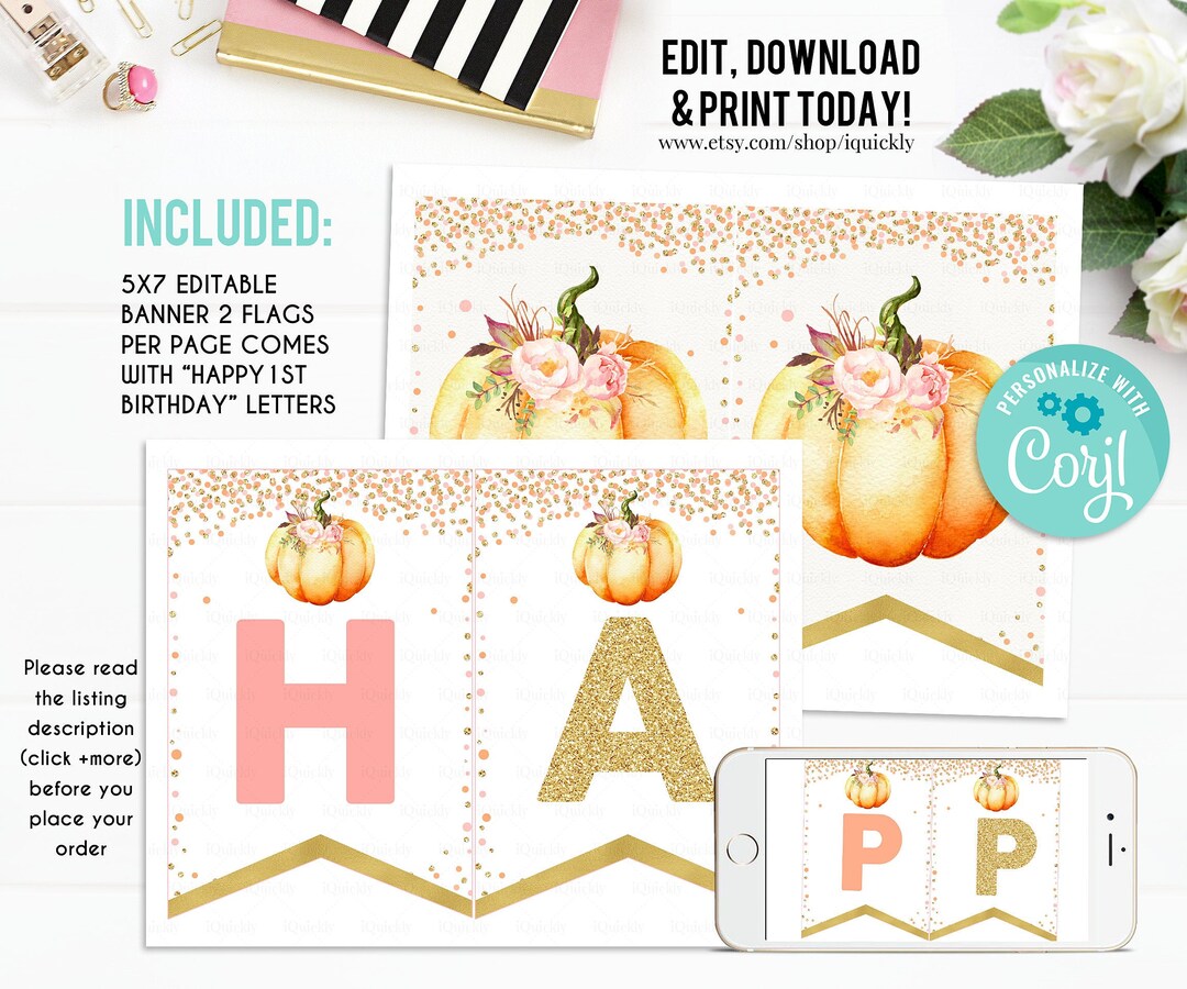 EDITABLE Pumpkin Banner, Birthday Banner, Little Pumpkin Printable 1st ...